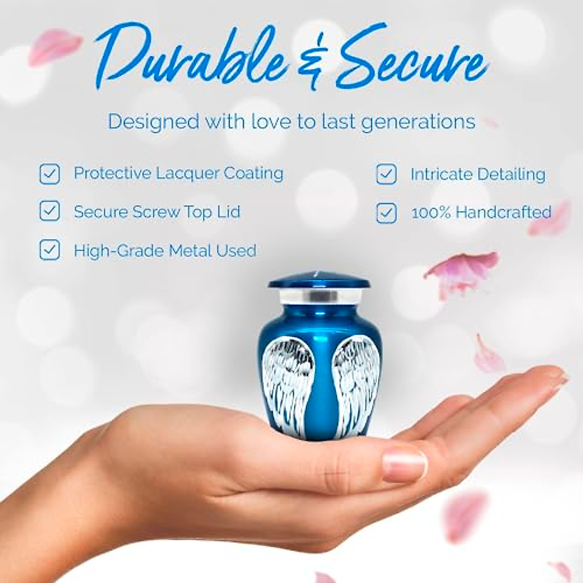 Blue Angel Keepsake Urn - Small Urn for Human Ashes Keepsake - Mini Blue Urn with Box & Bags - Honor Your Loved One with Angel Wings Urns for Ashes Small - Small Cremation Urn for Men & Women
