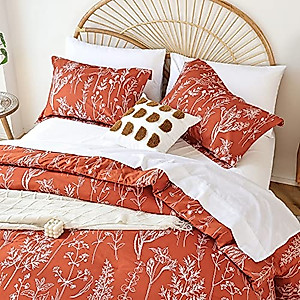 JANZAA Duvet Cover Queen Terracotta 3 Pieces Boho Duvet Cover with White Botanical Patterns Soft Floral Bed Cover with Zipper Closure 4 Ties (2 Pillow Cases)
