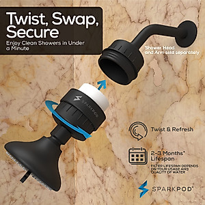 SparkPod High Output Shower Filter Capsule - Suitable for People with Sensitive and Dry Skin and Scalp, Filters Chlorine and Impurities | 1-min install (Midnight Black Matte)