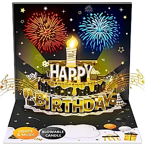 INPHER DIY Age Birthday Cards Fireworks Pop Up Cake Light and Music Black and Gold Happy Birthday Card Gift for Husband, Men, Women, Mom, Grandma