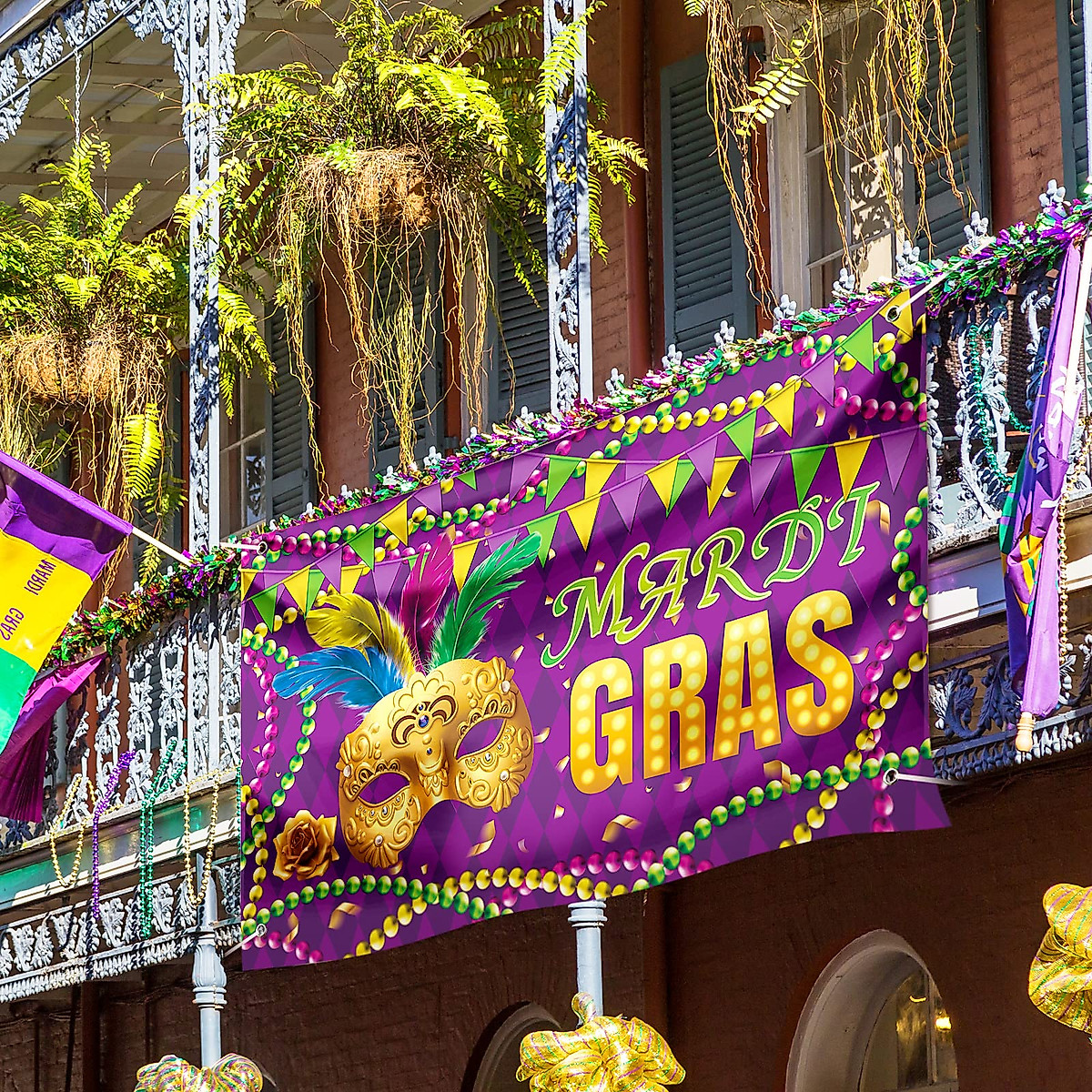 Large Mardi Gras Banner Decorations Purple Green Yellow Carnival Garden Flag Outdoor 72x44 Inch, Mardi Gras Gifts for Indoor Home House Decor Party Supplies, Yard Sign Background for Photography