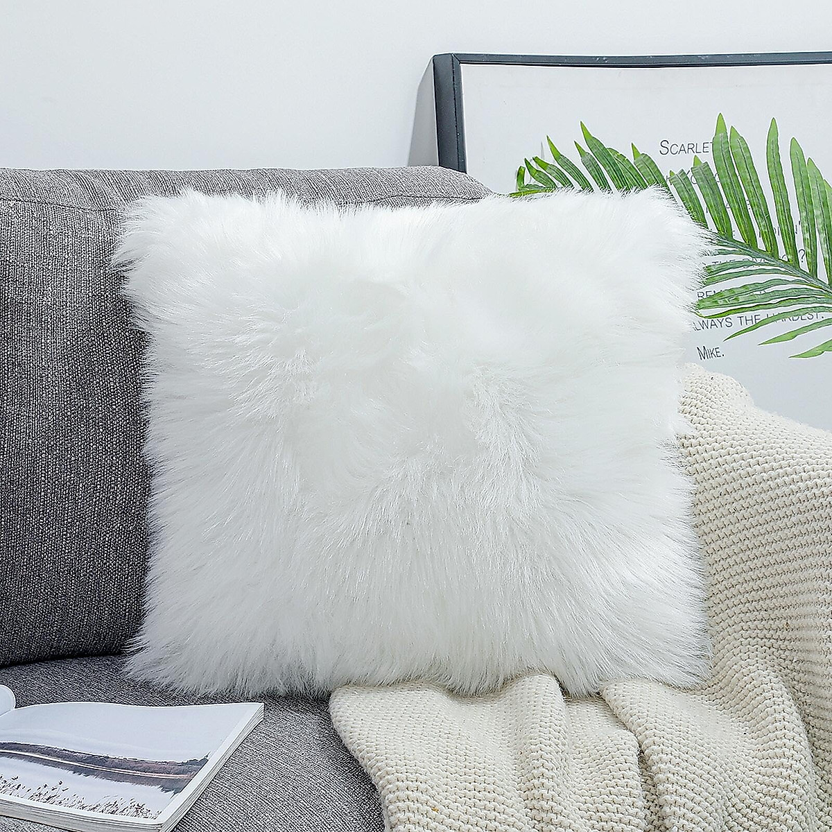 linmopm Excluding Insert Faux Fur Sheepskin Pillow Cover White Shag Fuzzy 18x18 Inch White 2 Pcs Super Soft Fluffy Cushion Plush Pillow Case Luxury Living Room Sofa Bed Home Decor Chair Cushion
