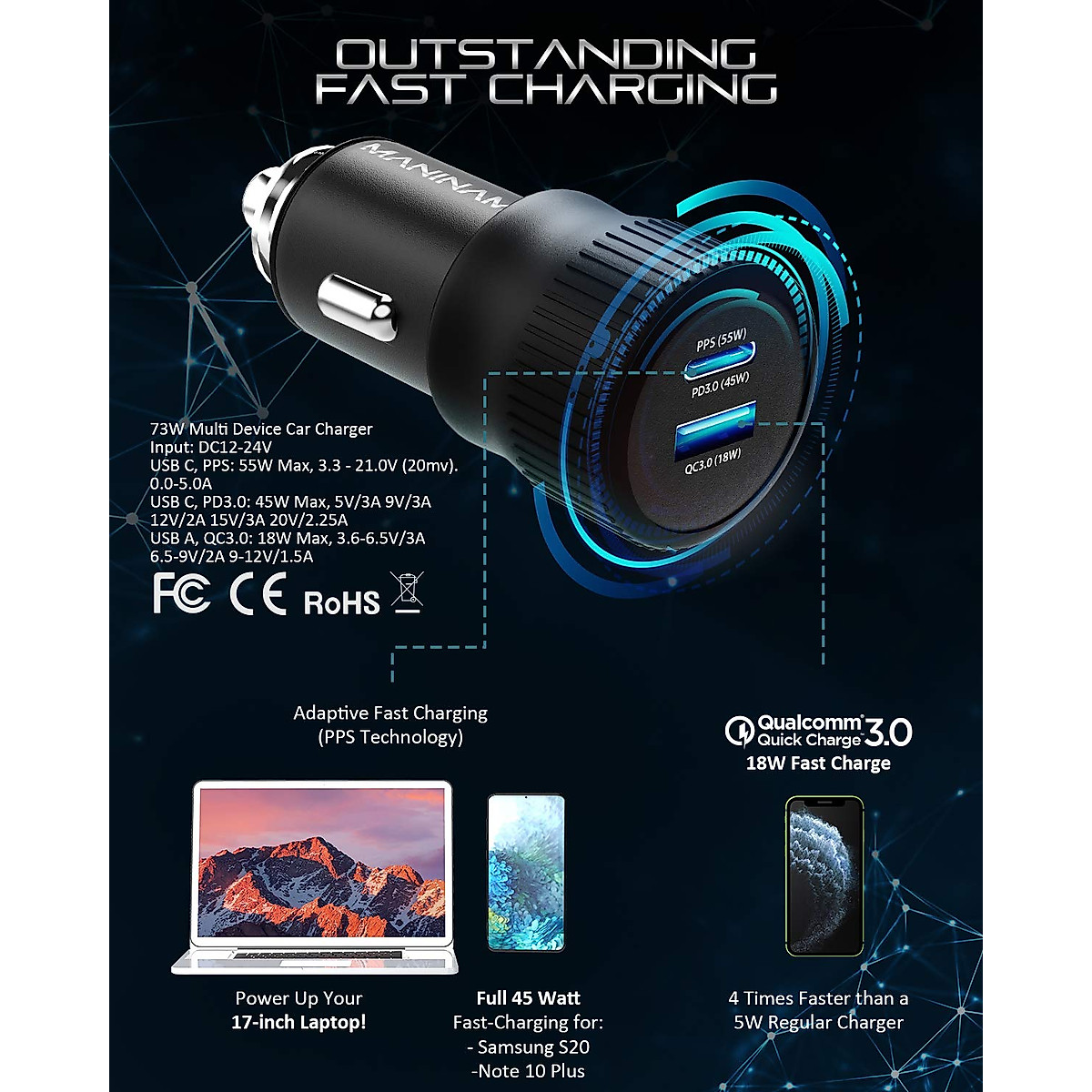 MANINAM Super Fast USB C Car Charger for Samsung S22 S21 S20 Ultra Note 20 10 Plus Super Fast Charging 2.0 [73W Turbo] Pro 55W PPS Charger Adapter for iPhone 14 13 12 11 MacBook Laptops (M113)