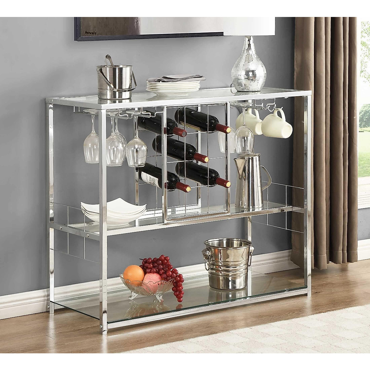 ASYA Wine Rack Table with Glass Holder, 3-Tier with Temered Glass Shelves, Modern Liquor Cabinet with Storage for Wine Bar, Living Room, Kitchen and Dining Room (Silver Finish)