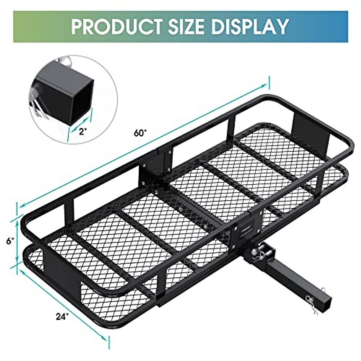 KAIZONPOT 60" x 24" x 6" Trailer Hitch Cargo Carrier Hitch Mount Folding Vehicle Cargo Basket 550lb Capacity Hitch Cargo Racks for Car