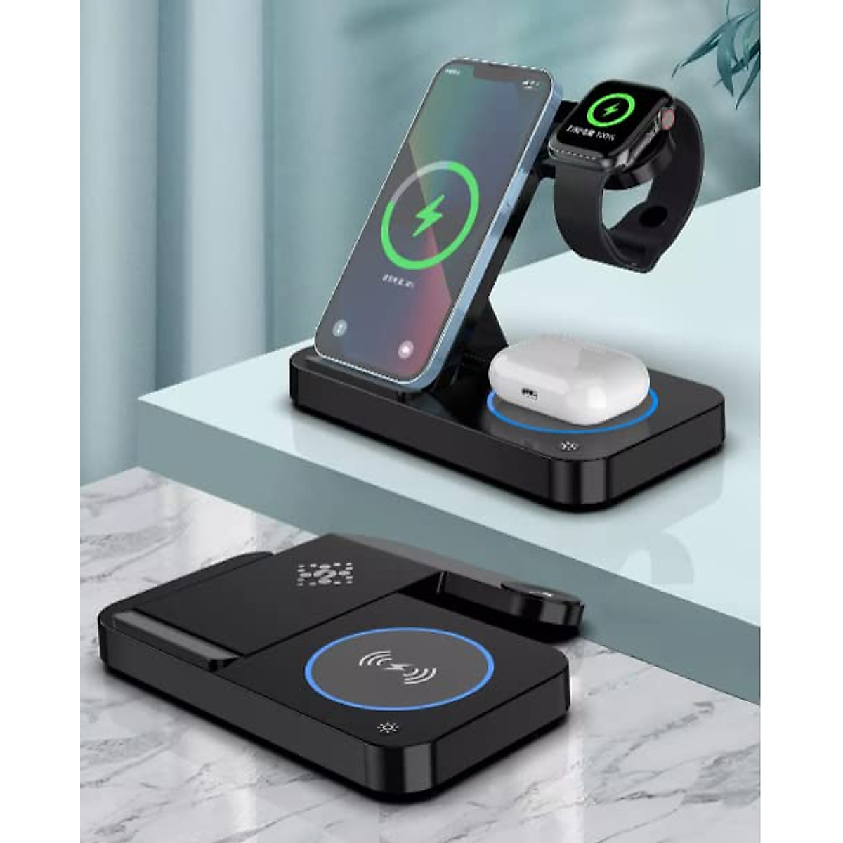 Wireless Charging Station, 15W Fast Charging Station, 4 in 1 Fast Wireless Charging Dock for iPhone 15/14/13/12/Pro Max/XS/XR/X, IWatch 7/6/5/4/3/2/XS, AirPods Pro/3/2