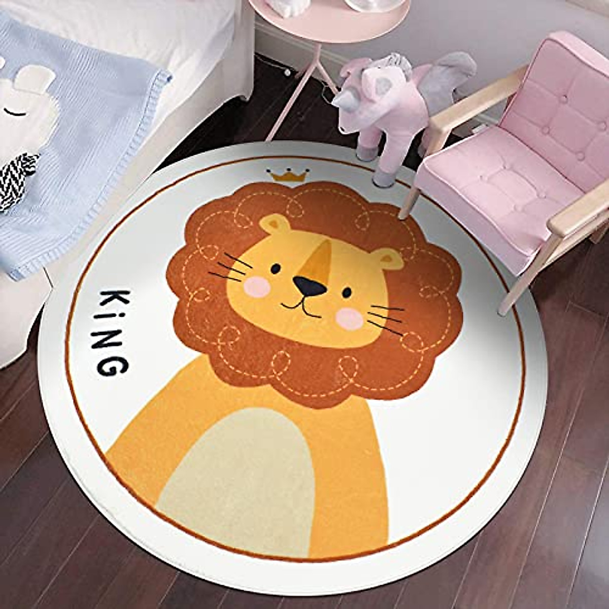 ABREEZE Faux Wool Kids Play Mat 4ft,Animal Round Area Rug Kids Nursery Door Mat Soft Plush Non-Slip Childrens Carpet for Bedroom Living Room Kids Playroom,Lion