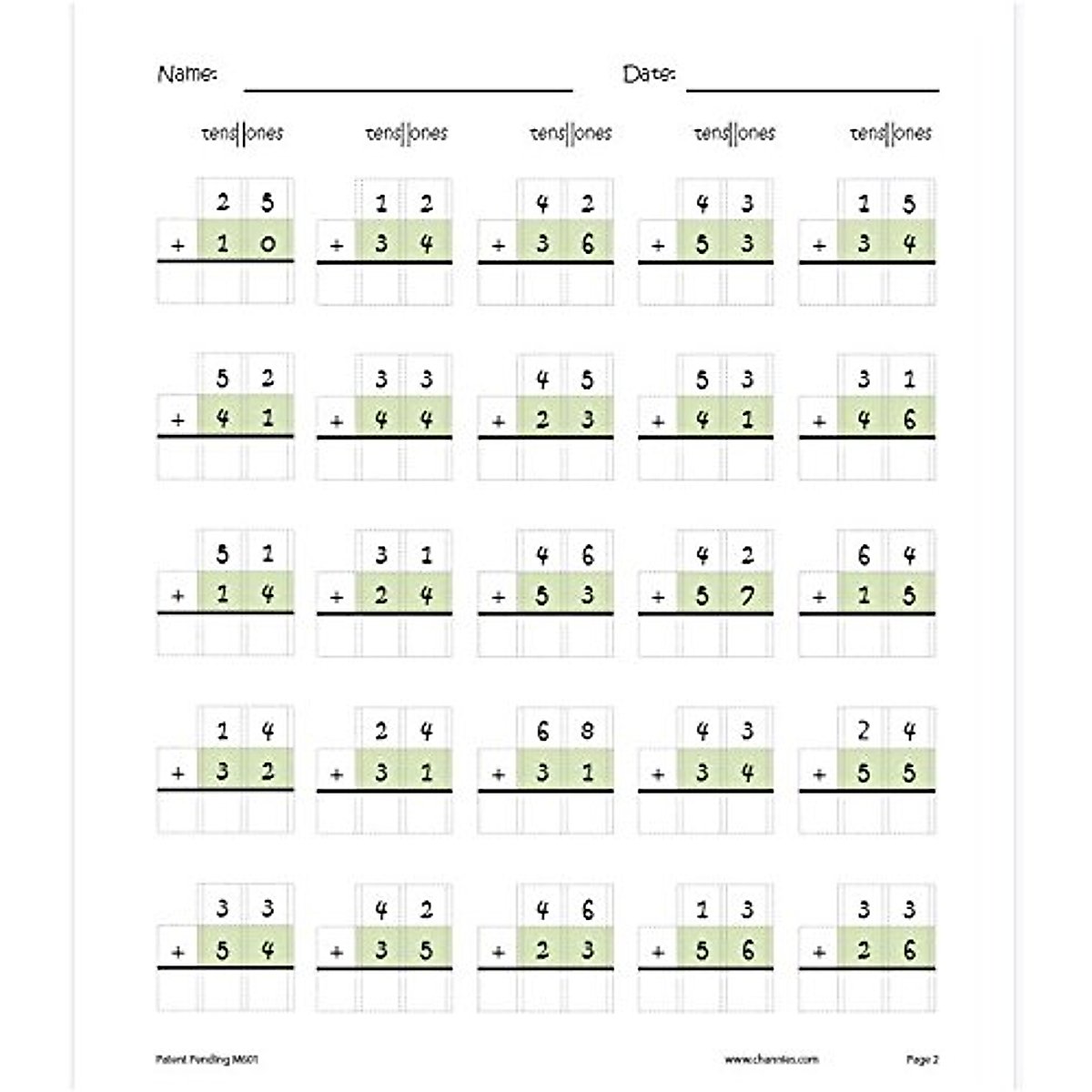 Channie’s One Page A Day Workbook, Double Digit Math Practice Worksheets, Total 100 Pages Front & Back (50 Sheets) in 2-Pack Set, Grades 1st, 2nd & 3rd, Size 8.5” x 11” (2 Pack)