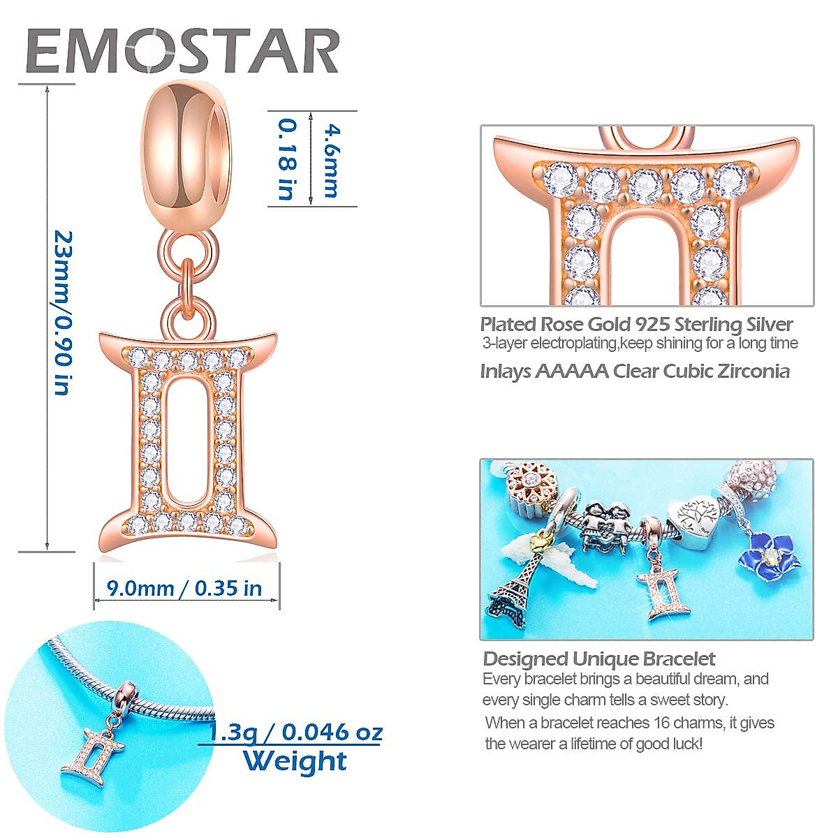 Gemini Zodiac Sign Charms fits Pandora Charm Bracelet – Rose Gold 925 Sterling Silver Necklace Pendant, 12 Horoscope Constellation Dangle CZ Beads, Gifts for Women/Mom