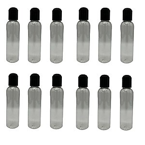 Natural Farms 4 oz Clear Cosmo Plastic Bottles -12 Pack Empty Bottle Refillable - BPA Free - Essential Oils - Aromatherapy | Black Press Down Disc Cap - Made in the USA