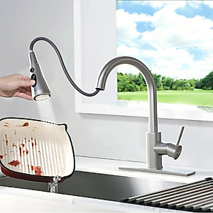 LEPO Brushed Nickel Pull Out Kitchen Sink Faucet, Modern Stainless Steel Single Handle High Arc Rv Faucet with Pull Down Sprayer and Deck Plate