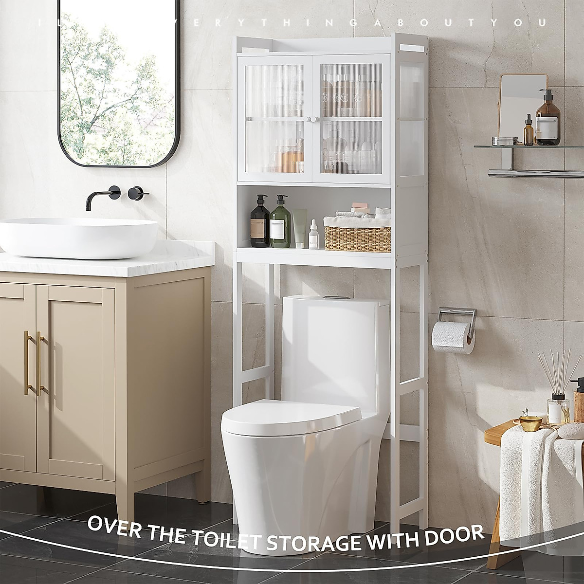 STDDRE Over The Toilet Storage Rack with Toilet Paper Holder Double Acrylic Door 3 Tier Freestanding Toilet Storage Rack Bathroom Storage Cabinet