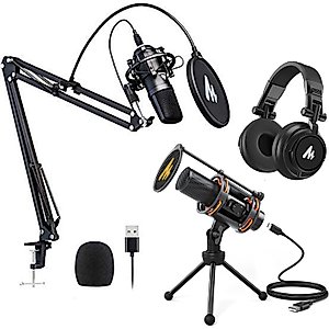 MAONO Podcast Equipment Bundle, AU-PM471TS and AU-A04 PC Computer Mic Kit with AU-MH601 Over-Ear Headphones for Recording, Podcasting, Streaming, YouTube, Twitch, Skype