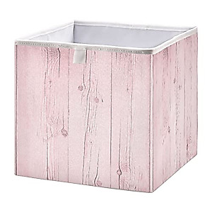 CaTaKu Pink Cream Wooden Cubes Storage Bins 11 inch Collapsible Fabric Storage Baskets Shelves Organizer Foldable Decorative Bedroom Storage Boxes for Organizing Home