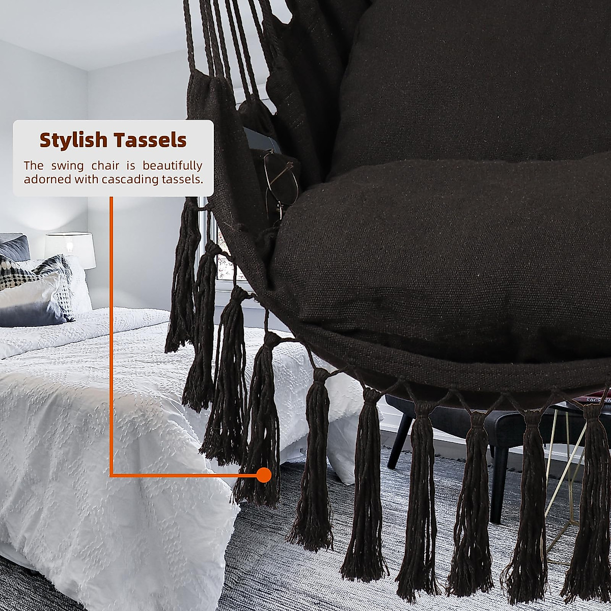 Ciouper Hammock Chair Hanging Rope Swing with Stylish Tassels - Max 500 Lbs - 2 Cushions Included - Heavy-Duty Steel Spreader Bar with Anti-Slip Rings - for Any Indoor or Outdoor Spaces (Grey)