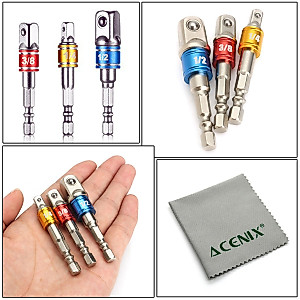 ACENIX 3 Pcs Set Power Hand Tools Driver Extension Socket Adapter Sets, 3Pcs 1/4" 3/8" 1/2" Hex Shank Bit Square Nut Driver Set Power Drill Cordless Impact Sockets Bit Set Adapter