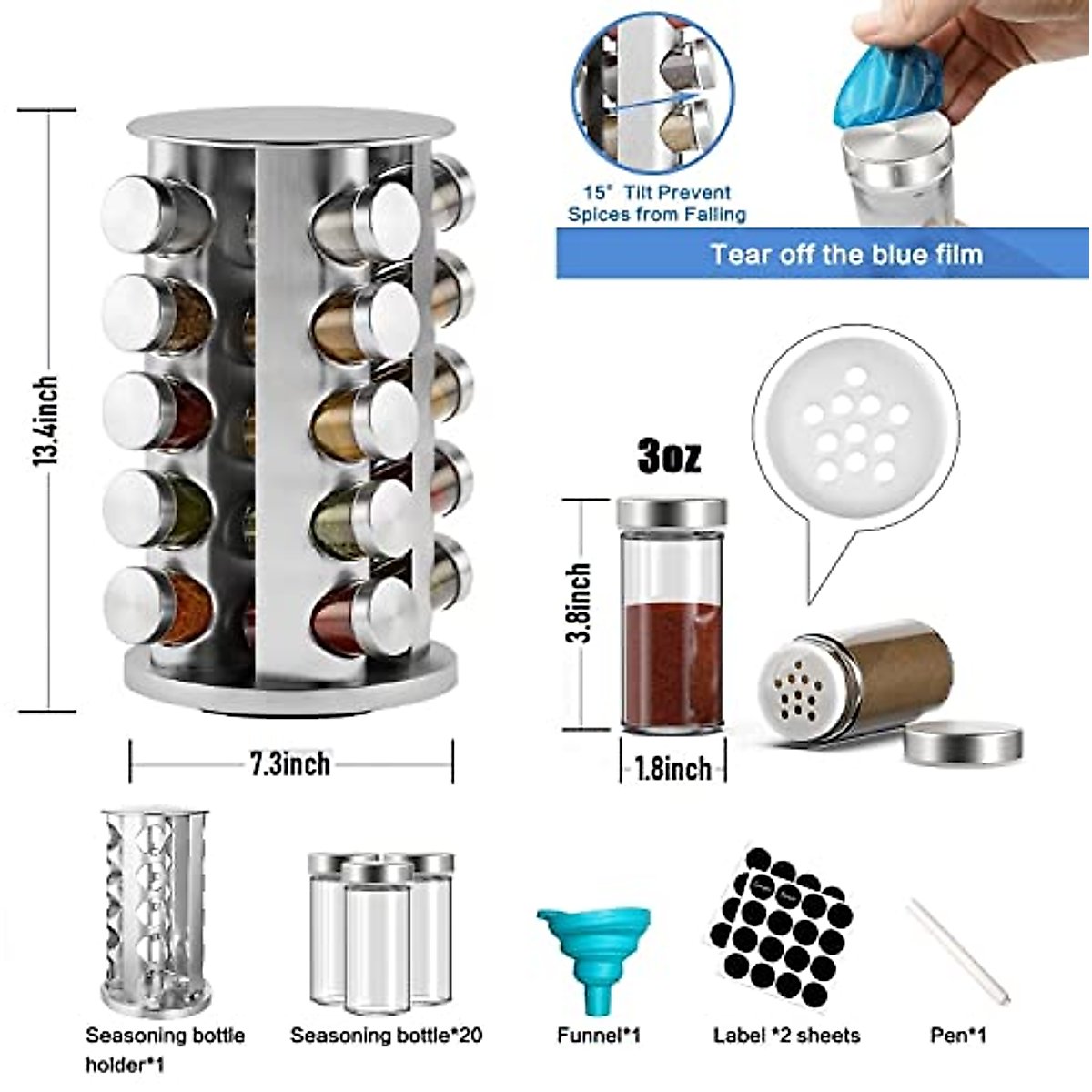 Revolving Spice Rack Organizer Countertop, Spinning Herb and Spice Storage Rack Tower Organizer with 20 Empty Jars, Rotating Spice Holder Shelf Seasoning Rack Shelf, Spice Seasoning Bottle Organizer