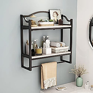 DR.IRON Industrial Bathroom Shelves Over Toilet,Wall Shelves for Bathroom Decor Towel Racks with Towel Holder,2 Tier Bathroom Shelves with Towel Bar(Black Bracket & Gray Shelves)