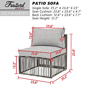 Festival Depot Wicker Patio Single Sofa, Outdoor Armless Chair, All-Weather Brown PE Rattan Couch Chair Waterproof Sectional Furniture for Balcony Garden Pool Lawn Backyard, Grey Thick Cushion