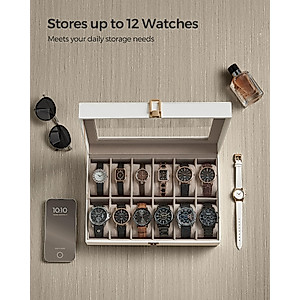 SONGMICS Watch Box, 12-Slot Watch Case with Large Glass Lid, Removable Watch Pillows, Watch Box Organizer, Gift for Loved Ones, Cloud White Synthetic Leather, Cappuccino Beige Lining UJWB120W01