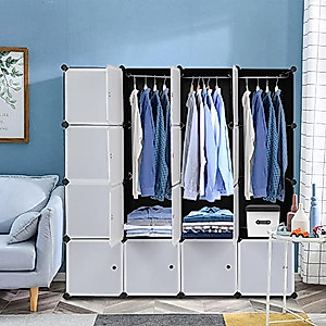 Kopokd Maximize Home Organization with Stackable Modular Shelving Closet Organizer - Plastic Storage Cubes with Hanging Rod and Wardrobe Cabinet Plus White Doors and Black Panels