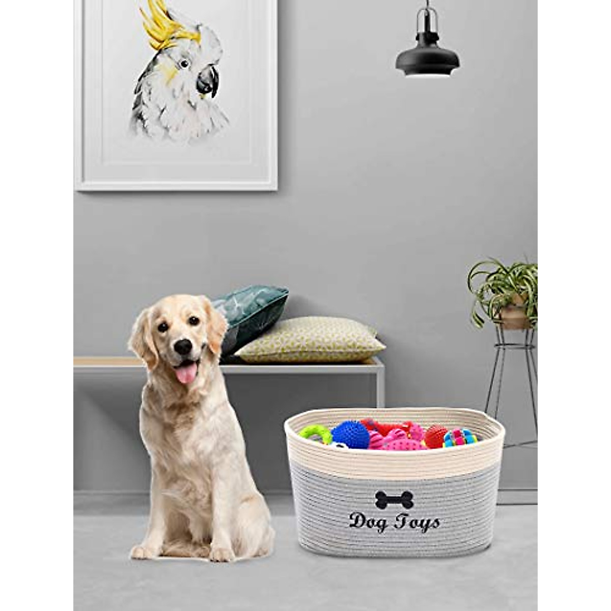 Xbopetda Dog Toy Basket, Cotton Rope Storage Basket, Laundry Basket Storage Bin Pet Toy Organizer Box - Perfect for Holding Pet Clothes/Blankets/Treats-Gray/White