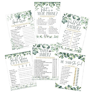 Eucalyptus Bridal Games – Set of 6 Fun Games, 25 Double-Sided Cards Each, Includes He Said She Said, Guest Quest, What's in Your Phone, Over or Under, Bridal Shower Love Match, and Would She Rather?