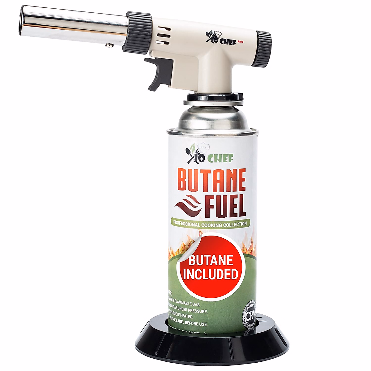 Jo Chef Pro Butane Torch Lighter - Refillable Butane Torch Head, Hand Held, Small with Adjustable Flame - Culinary Blow Torch, Creme Brulee Torch, Baking, BBQ