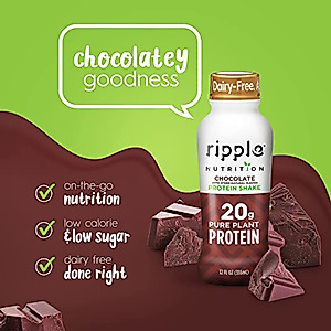 Ripple Vegan Protein Shake | Chocolate | 20g Nutritious Plant Based Pea Protein | Shelf Stable | No GMOs, Soy, Nut, Gluten, Lactose | 12 Oz, 12 Pack
