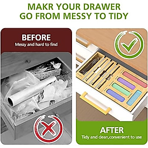 Lawmoliw Bag Storage Organizer for Kitchen Drawer, 9 in 1 Foil and Plastic Wrap Dispenser with Cutter, Bamboo Plastic Bag Food Baggie Organizer for Gallon, Quart, Sandwich, Snack, Freezer