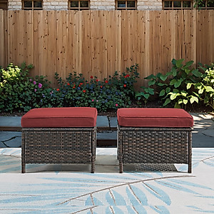 Outdoor Ottoman Set of 2 - PE Wicker Rattan Ottoman Patio Footstool for Deck Porch Balcony Garden - Brown/Red