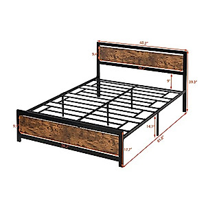 FIQHOME Metal and Wood Bed Frame with Rustic Vintage Headboard and Footboard,Queen Size Platform Bed,No Box Spring Needed, Easy to Assemble(Black)