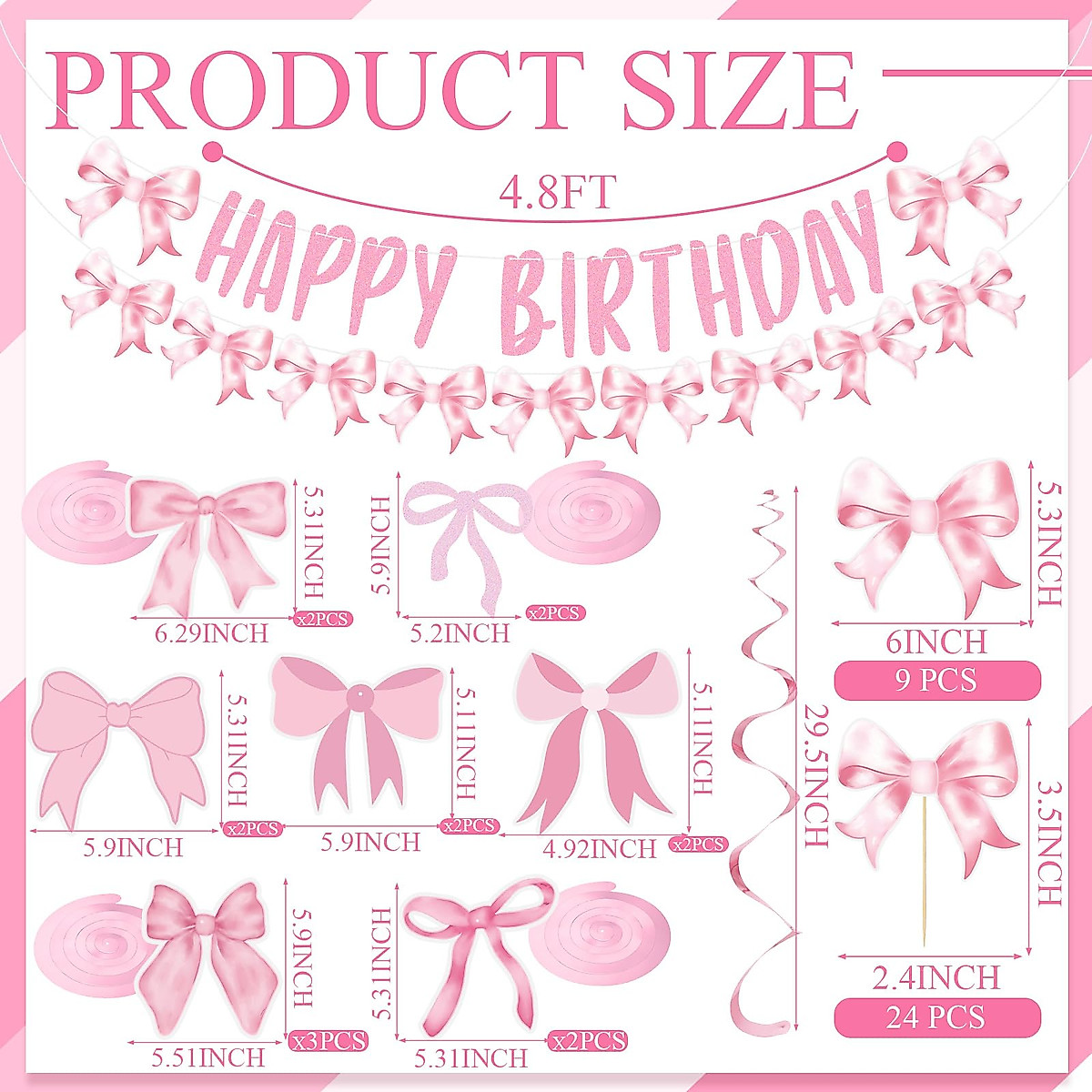 Colingmill 41 Pcs Coquette Bow Birthday Decorations Includes 2 Pcs Pink Bow Birthday Banner Garland 15 Pcs Pink Bow Party Hanging Swirls 24 Pcs Bow Cupcake Toppers for Wedding Baby Shower Party Decor