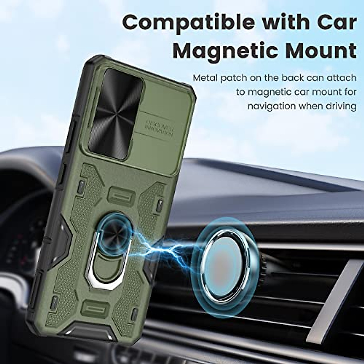 Caka for S22 Plus Case, Samsung Galaxy S22 Plus Case with Camera Cover & Kickstand with Built-in 360° Rotate Ring Stand Magnetic Magnet Protective Phone Cover Case for Galaxy S22+ Plus 5G -Green