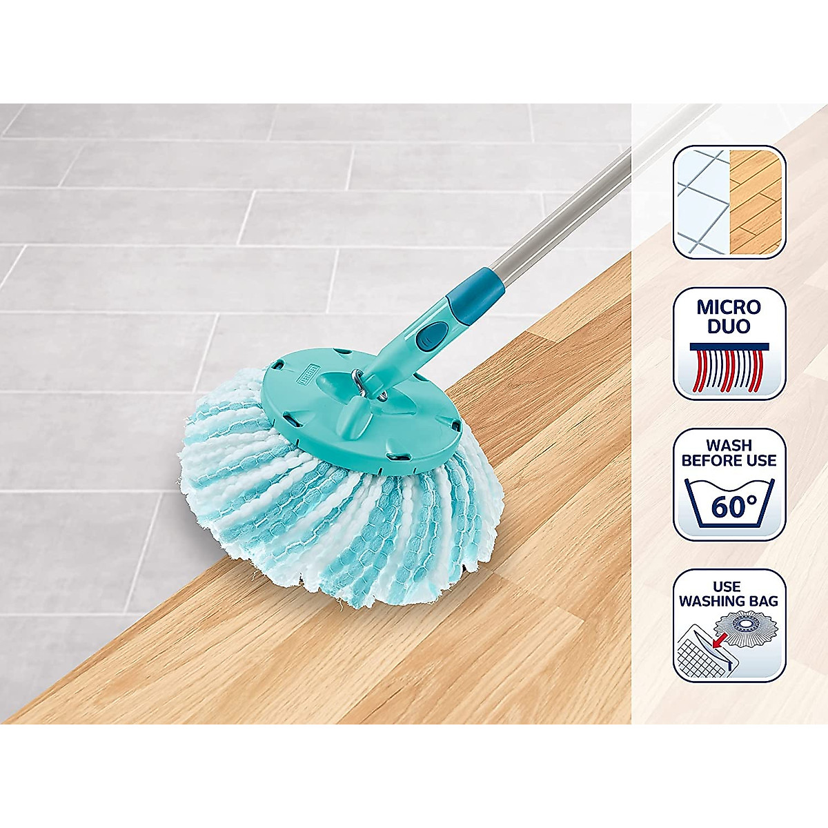 Leifheit Replacement Mop Head Clean Twist Disc Mop x 2 Pack, 2 Fibre System for Effective Cleaning and High Dirt and Water Absorption, Set of 2 Heads, White