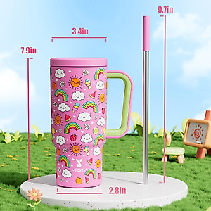 Meoky Kids Tumbler with Handle for Drinks: 24 oz Insulated Toddler Tumbler with Lid and Straw - Keeps Cold for 24 hours - Stainless Steel Travel Mug BPA-Free for School Trip - Girls Students, Cloud