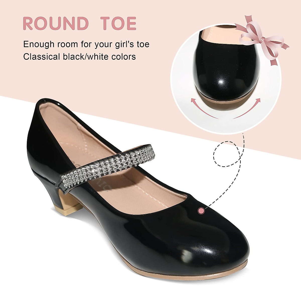 BESSIVIC Girls Dress Shoes Mary Jane Shoes for Girls with Low Heel, Princess Flower Ballet Flats for Wedding School Party Black US 2