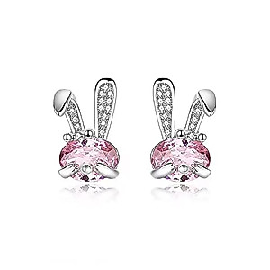 SLUYNZ 925 Sterling Silver Rabbit Earrings Studs for Women CZ Bunny Studs Earrings Easter Earrings Pink Crystal Earrings