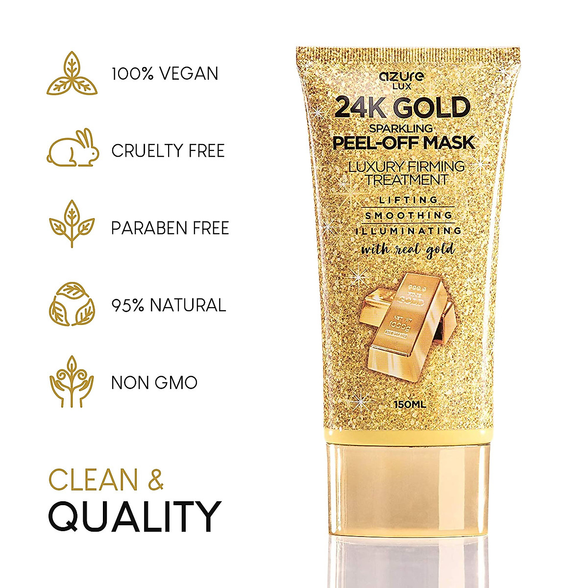 AZURE 24K Gold Firming Peel Off Face Mask- Anti Aging, Lifting, Illuminating & Revitalizing - Removes Blackheads, Dirt & Oils - With Hyaluronic Acid and Collagen - Skin Care - 150mL