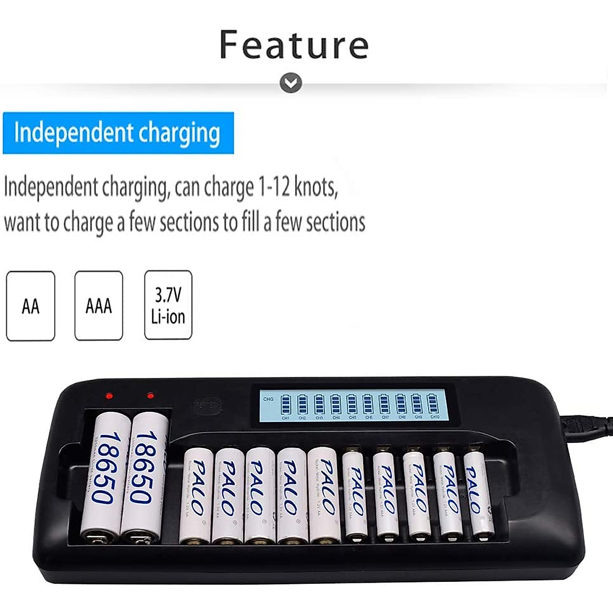 Tenberly 12 Slots Battery Charger with LCD Display for AA AAA 18650 NiCD NiMH 3.7V Li-ion Batteries with Discharge Function (Upgrade Charger)