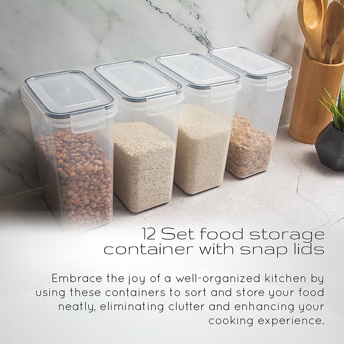 Ceybo Set of 12 Airtight Pantry Storage Containers with Snap Lids, Includes 16 Labels, 1 Marker and a Set of Measuring Spoons for Kitchen Organization (Blue)