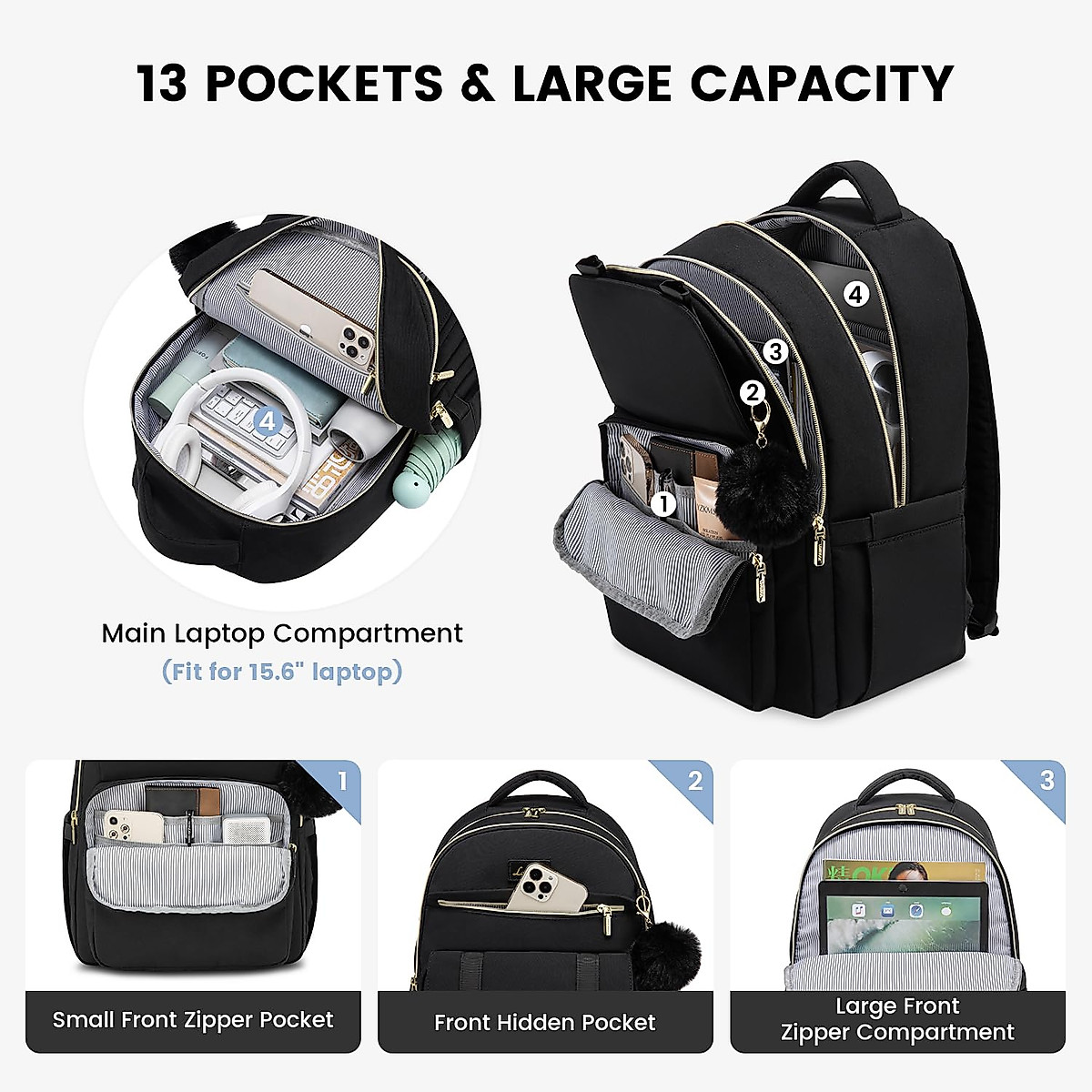 LOVEVOOK Cute Backpack Purse for 14-16 Year Olds, Fit 15.6 Inch Laptop Fashion Backpack for Women, Lightweight Waterproof Casual Backpack for College Essential, Durable Travel Daypack, Black