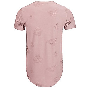 KLIEGOU Mens Hipster Hip Hop Ripped Round Hemline Hole T Shirt(1705) (Large, Pink)