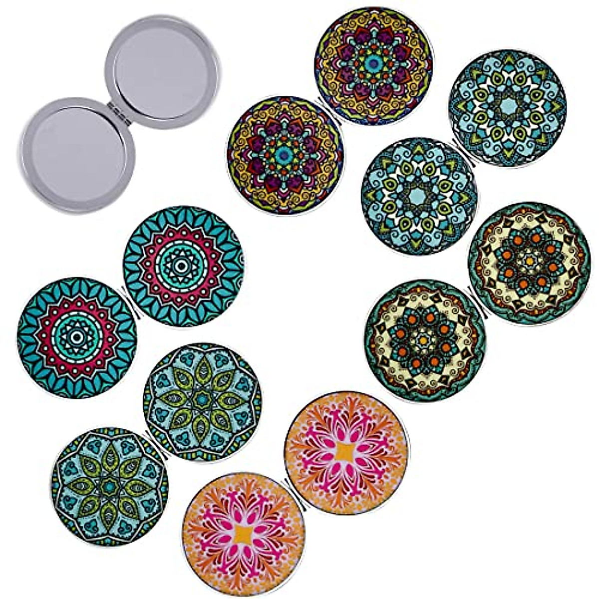 Beaufy Small Travel Magnifying Makeup Compact Mirror Bulk Hand Round Mini Folding Handbag Pocket Mirrors Set 1x 2X Magnification Portable Double Sided Mandala Gift for Girls Men Women Pack of 6