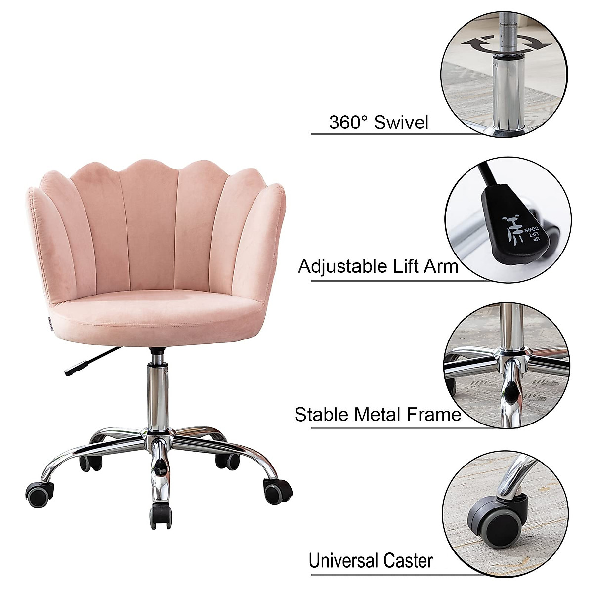Yoluckea Modern Velvet Swivel Office Chair, Pink, Adjustable Height, Ergonomic Design