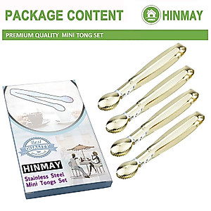 HINMAY Mini Serving Tongs 5 Inches Appetizer Tongs, Set of 4 (Gold)