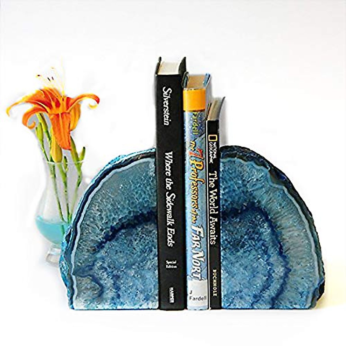 JIC Gem Dyed Blue Agate Bookends 2 to 3 Lbs Polished Geode 1 Pair with Rubber Bumpers for Office and Home Decoration Small Size