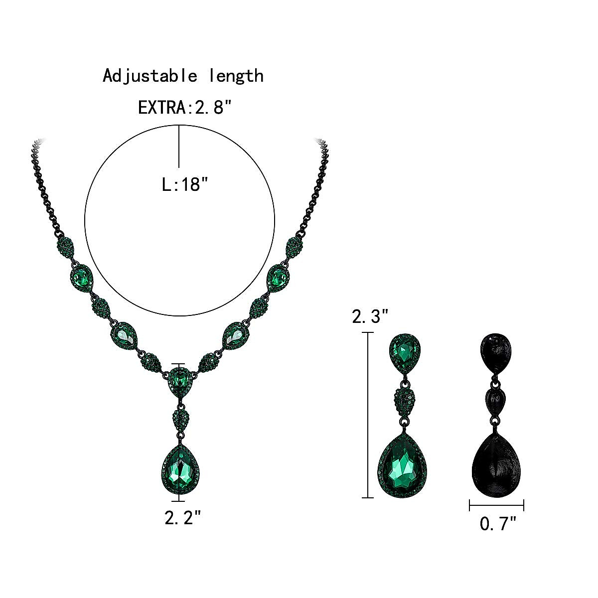 EleQueen Women's Cubic Zirconia Teardrop Y-Necklaces Dangle Earrings Sets for Brides Bridesmaids Green Black-Tone