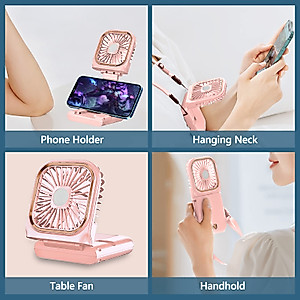 Allxin Portable Neck Fan Mini Quiet Handheld Personal Foldable USB Rechargeable Fan Operated for Home Office Outdoor Travel, 3000mAh Power Bank Hands Free Necklace Fans (Update Pink)