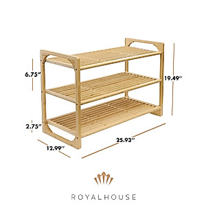 RoyalHouse Bamboo Stackable Shoe Rack, 3-Tier Shoe Organizer, Perfect Free Standing Shoe Rack for Living Room, Closet, Entryway, Bedroom